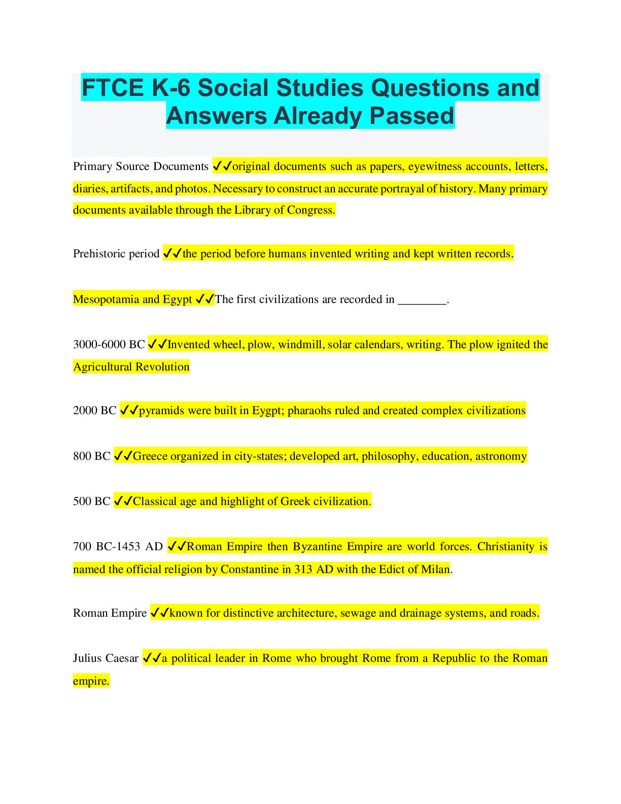 FTCE K-6 Social Studies Questions and Answers Already Passed ...