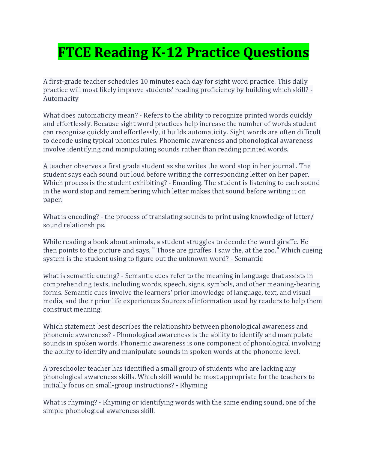 FTCE Reading K-12 Practice Questions And Answers 2022 Latest Update ...