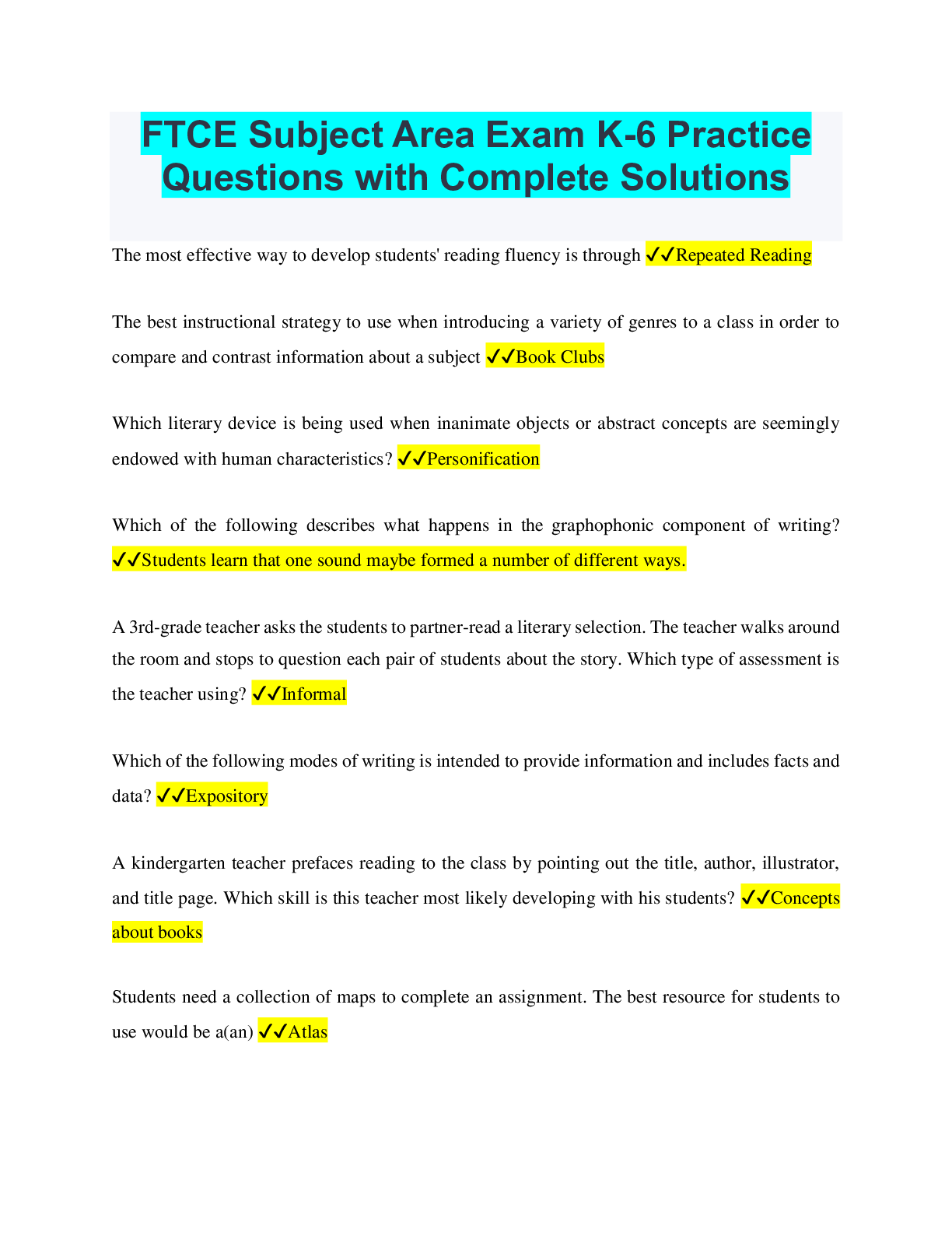 FTCE Subject Area Exam K-6 Practice Questions with Complete Solutions ...