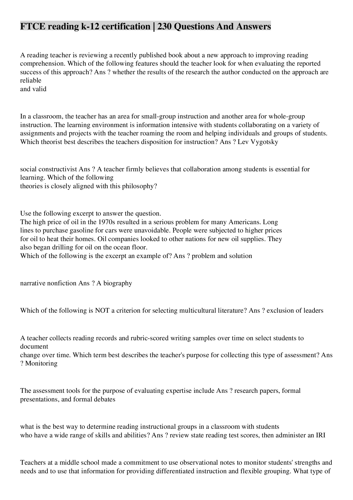 FTCE Reading K-12 Test Exam Solution Pack - Scholarfriends