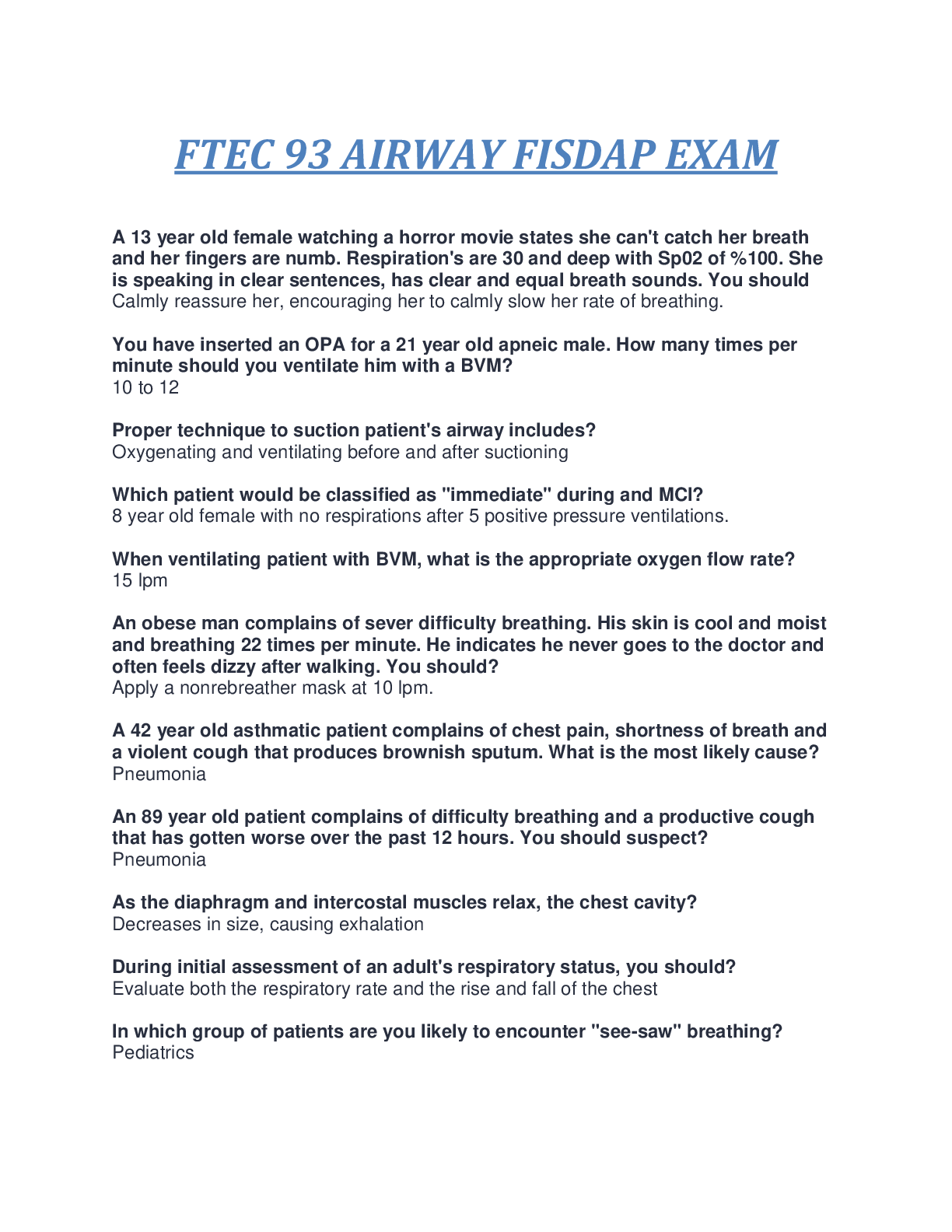 FTEC 93 AIRWAY FISDAP ACTUAL EXAM QUESTIONS AND ANSWERS GRADED A+ ...