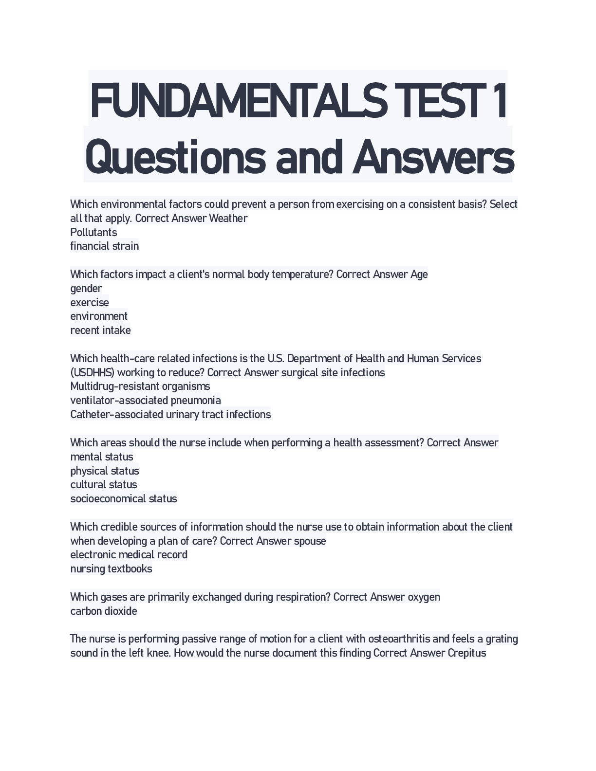 FUNDAMENTALS TEST 1 Questions and Answers - Scholarfriends