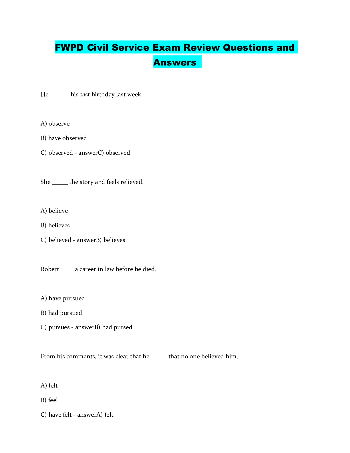 FWPD Civil Service Exam Review Questions and Answers - Scholarfriends