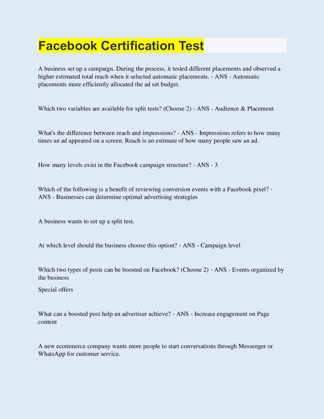 Facebook Certification Test | 90 Questions with 100% Correct Answers ...