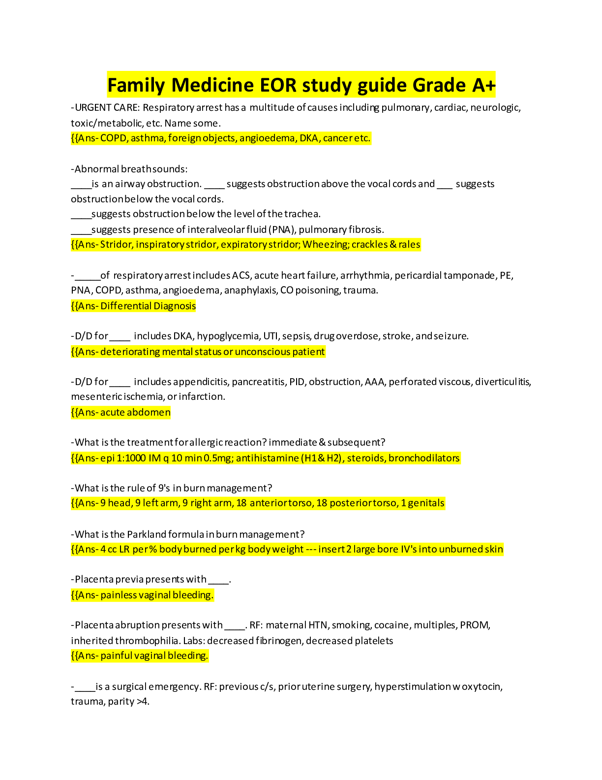 Family Medicine EOR study guide Grade A+ (WU) - Scholarfriends