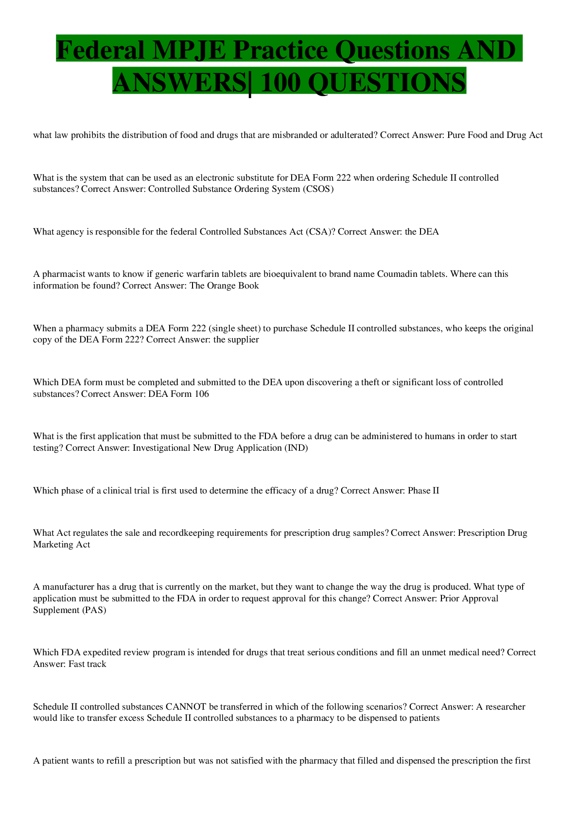 Federal MPJE Practice Questions AND ANSWERS| 100 QUESTIONS - Scholarfriends