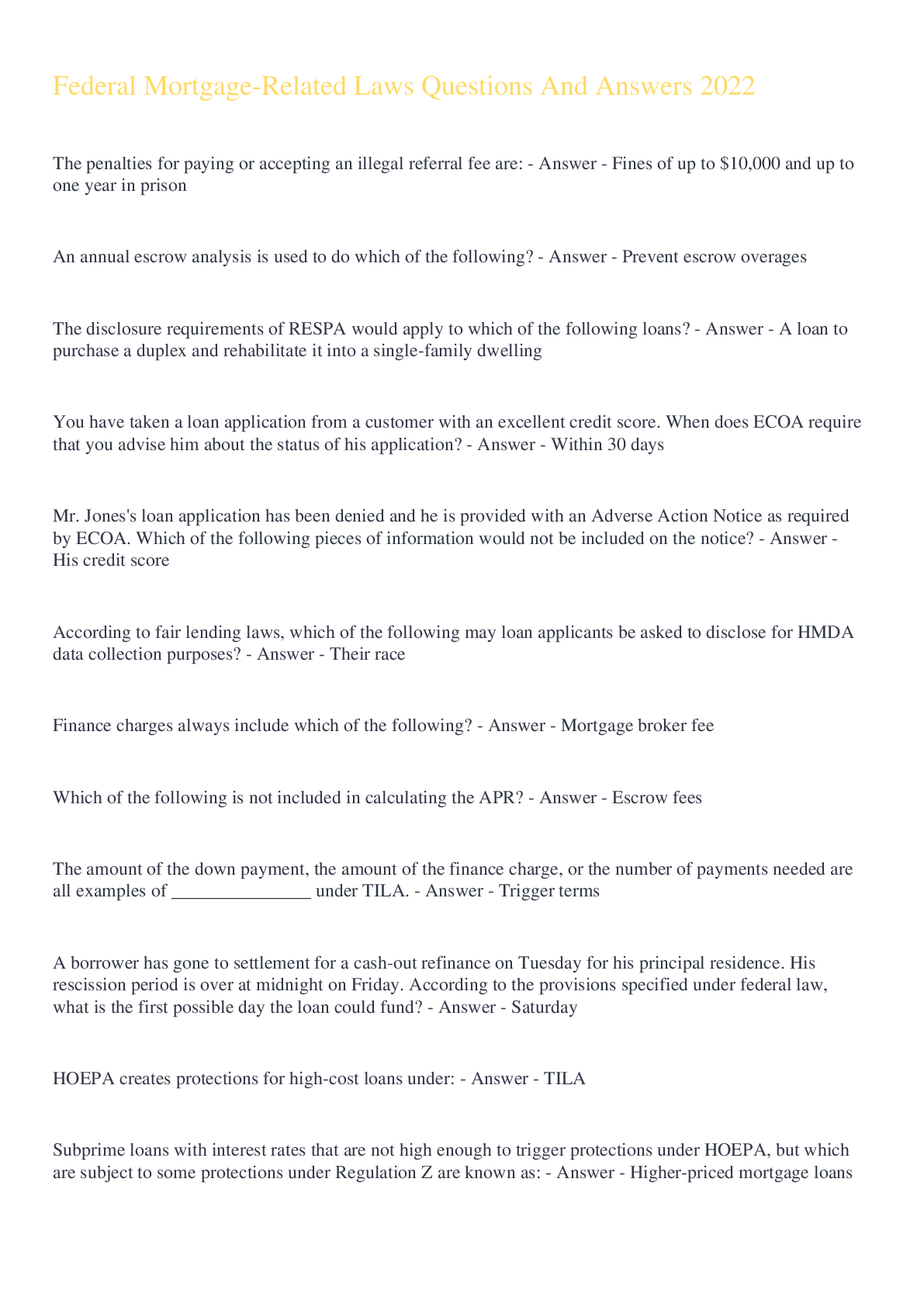 Federal Mortgage-Related Laws Questions And Answers 2022 - Scholarfriends