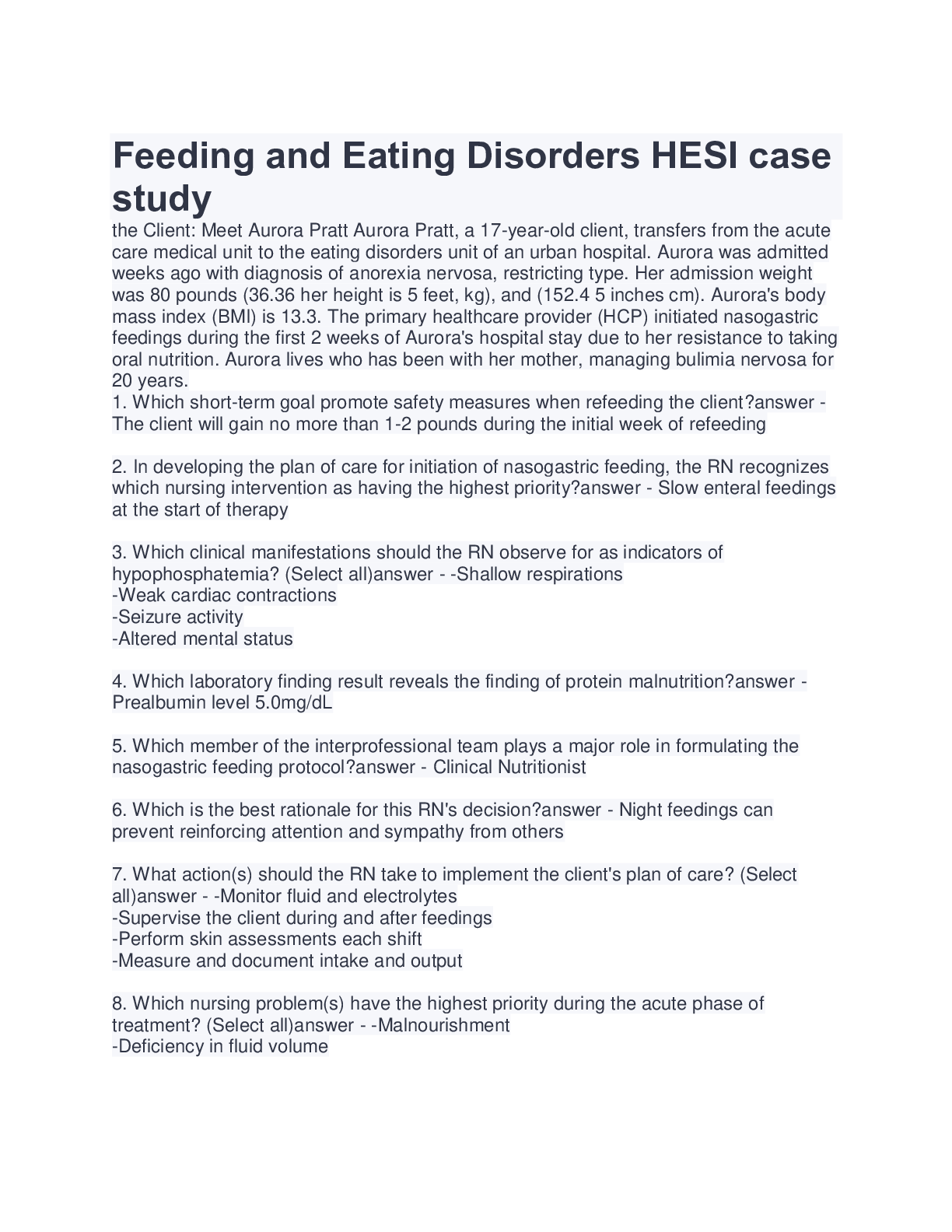 Feeding and Eating Disorders HESI case study - Scholarfriends