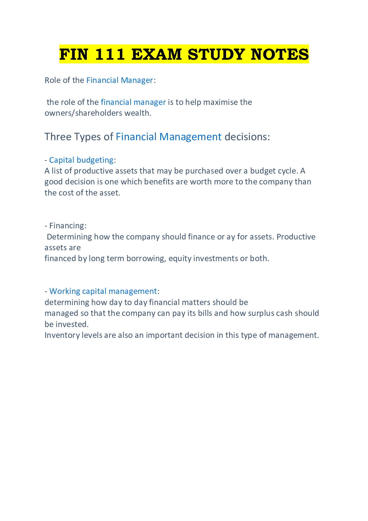 FIN 111 EXAM STUDY NOTES - Scholarfriends