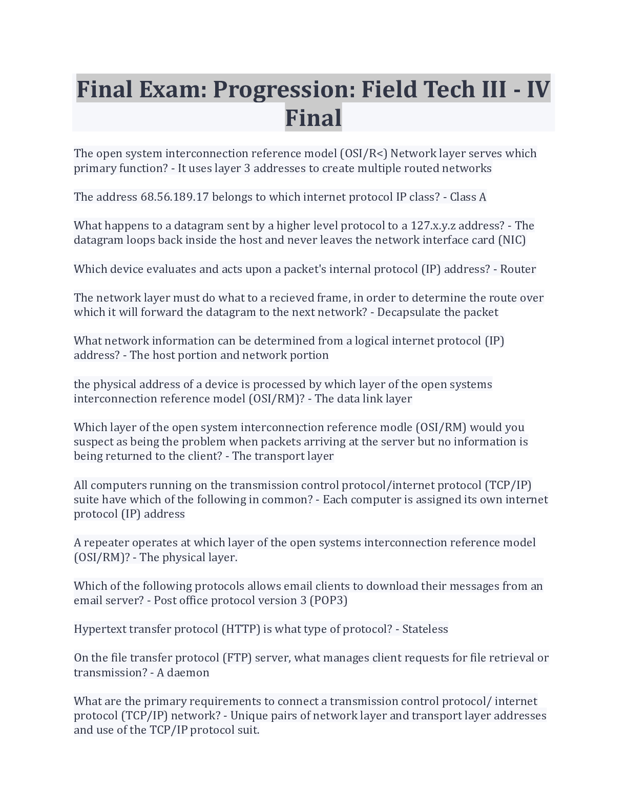 Final Exam: Progression: Field Tech III - IV Final Exam ...