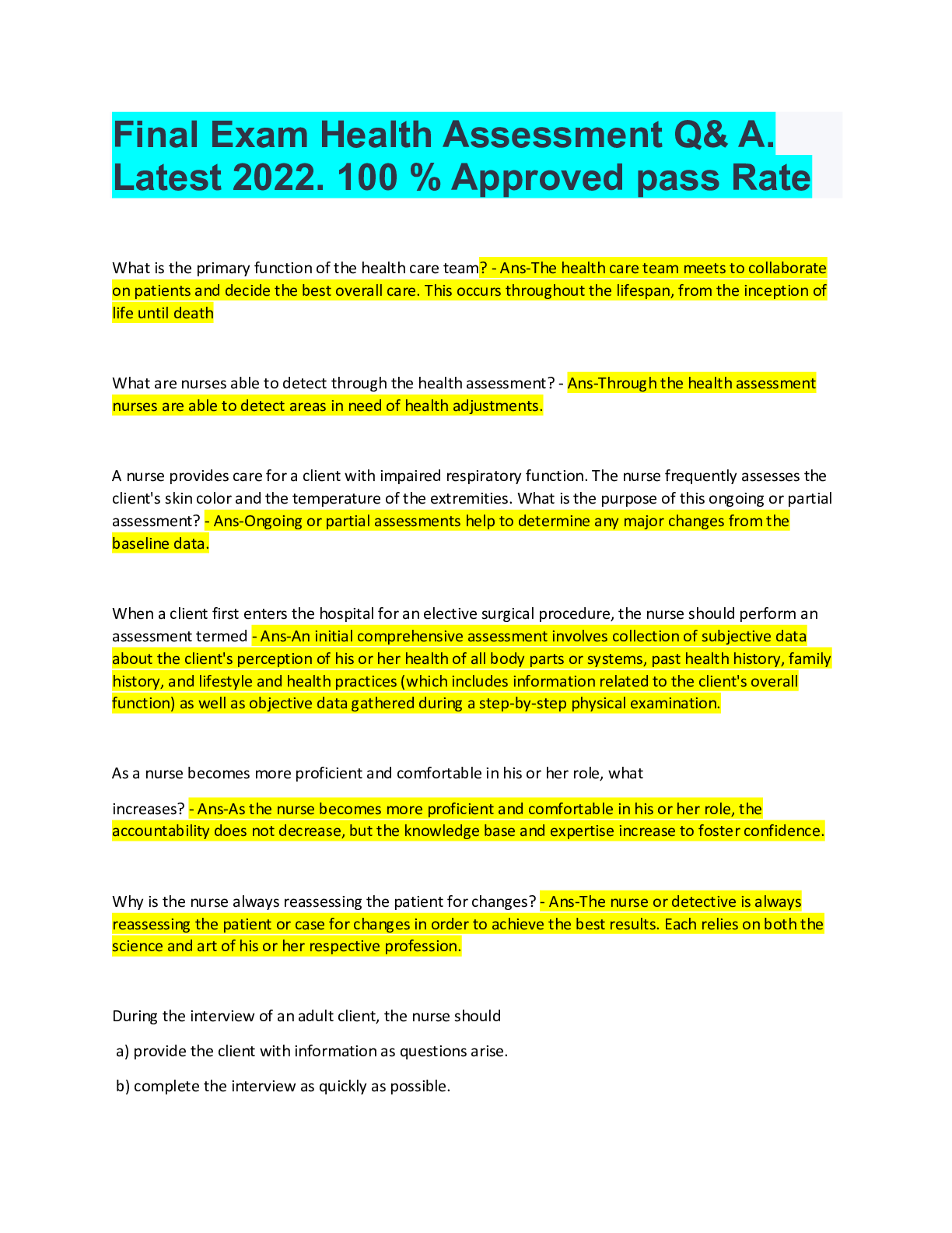 Final Exam Health Assessment Q& A. Latest 2022. 100 % Approved pass ...