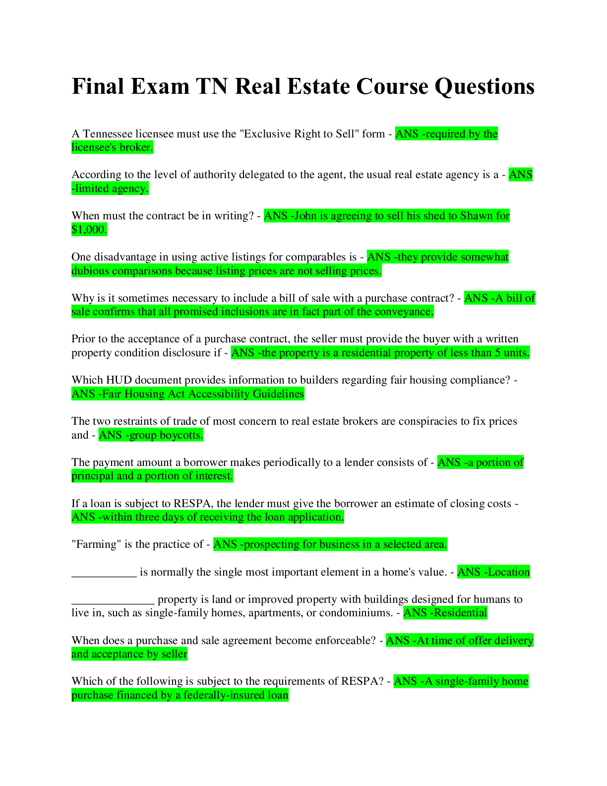 Final Exam TN Real Estate Course Questions / WITH COMPLETE SOLUTIONS ...