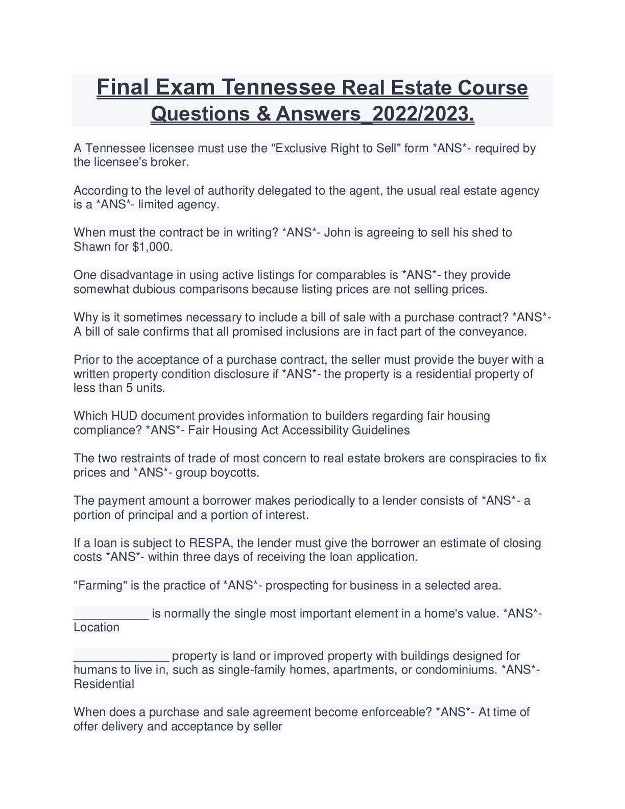 Final Exam Tennessee Real Estate Course Questions & Answers ...