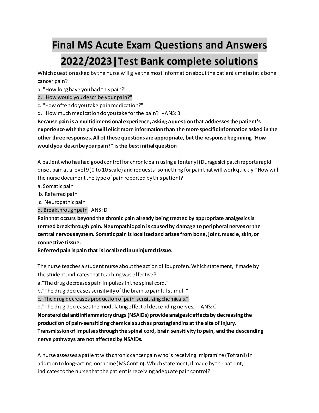 Final MS Acute Exam Questions and Answers 2022/2023|Test Bank complete ...