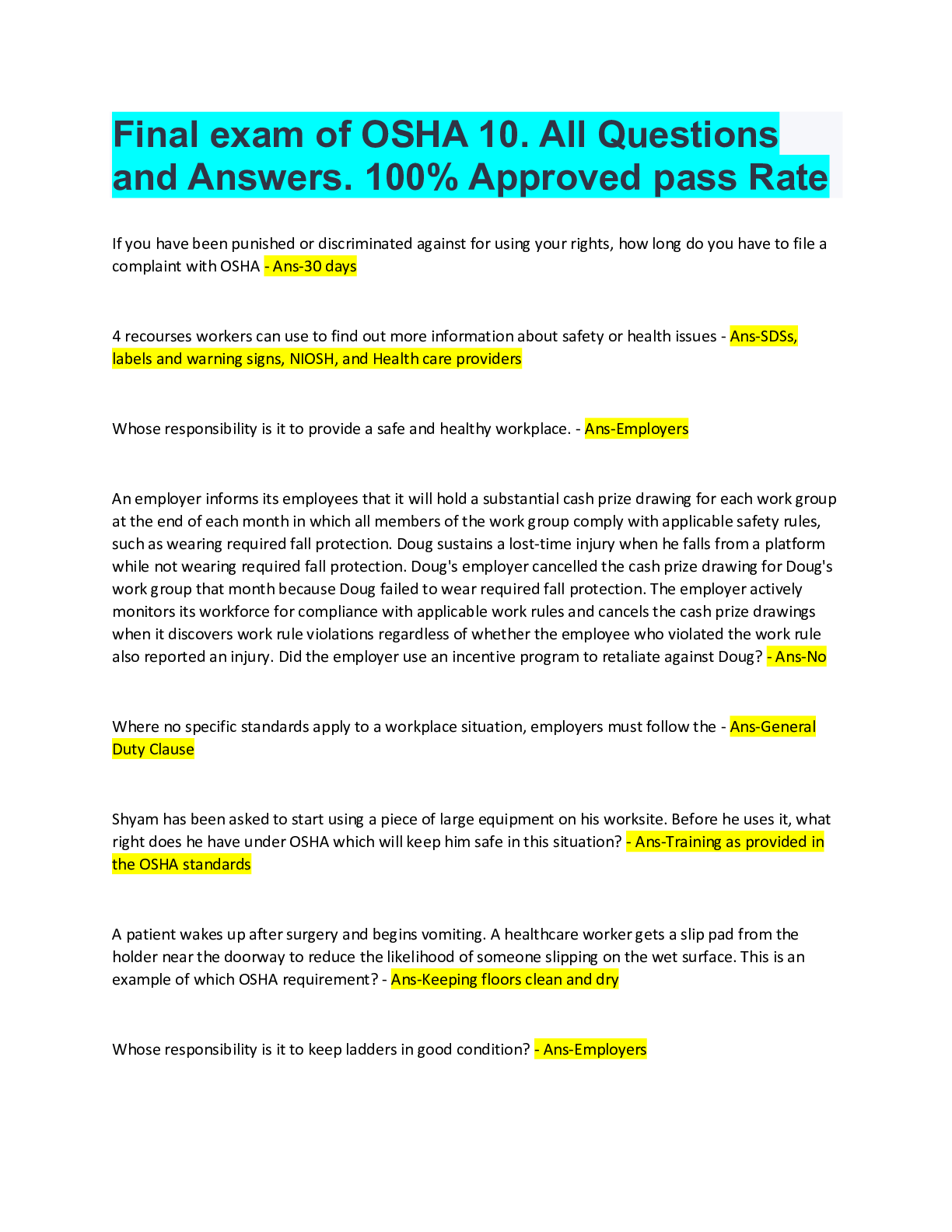 Final exam of OSHA 10. All Questions and Answers. 100% Approved pass ...