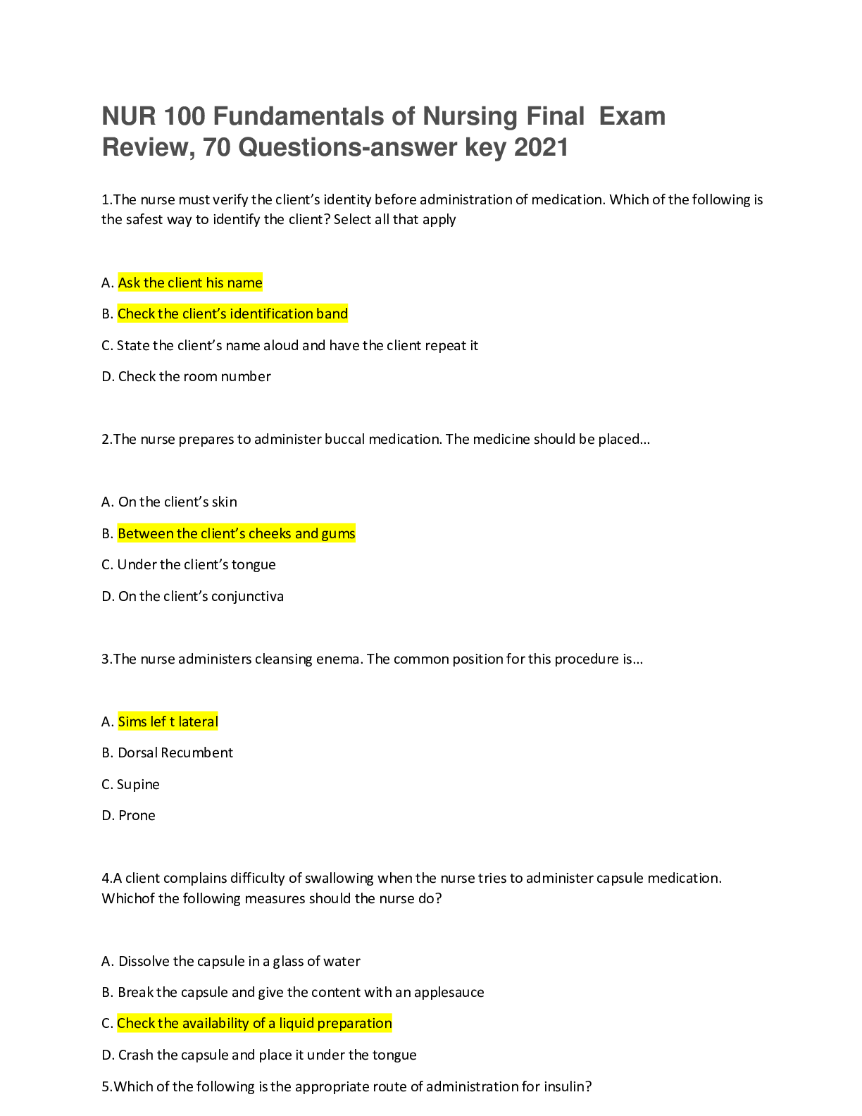 NUR 100 Fundamentals of Nursing Final Exam Review, 70 Questions-answer ...