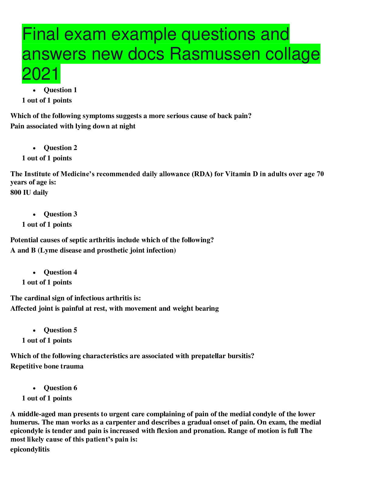 Final exam example questions and answers new docs Rasmussen collage ...