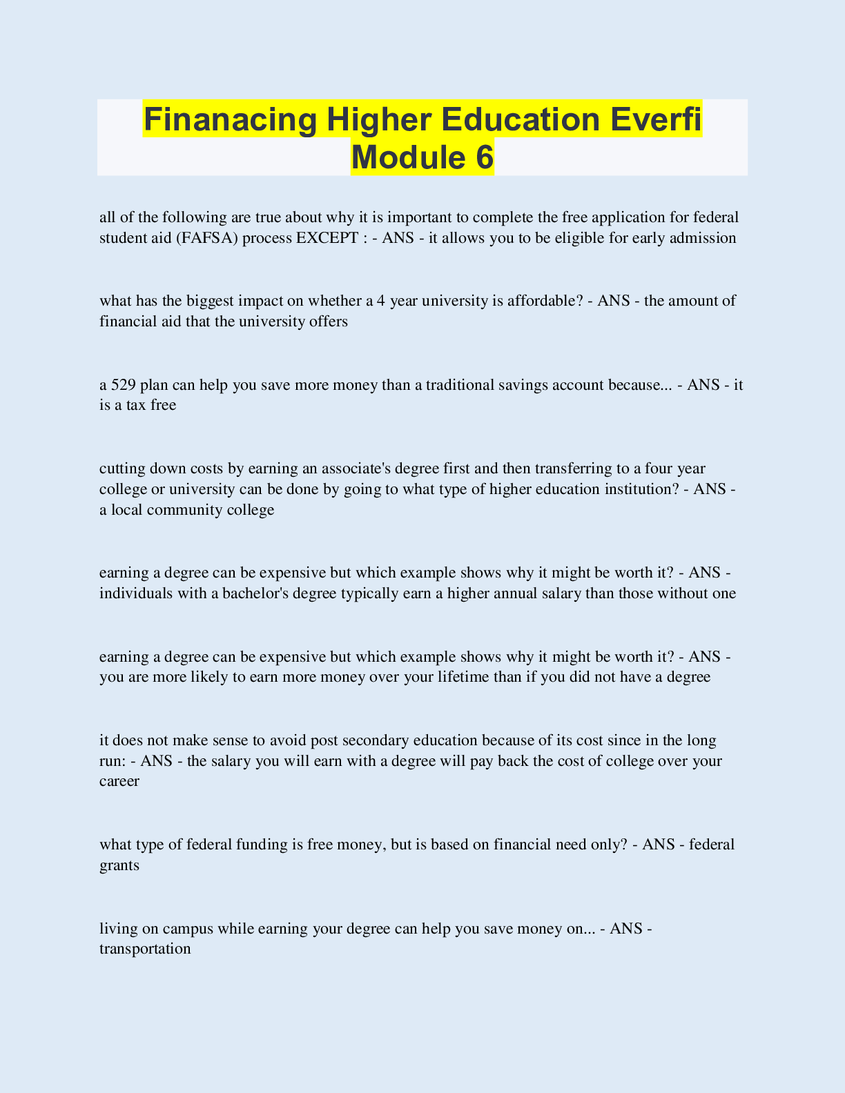 Finanacing Higher Education Everfi Module 6 | 30 Questions with 100% ...