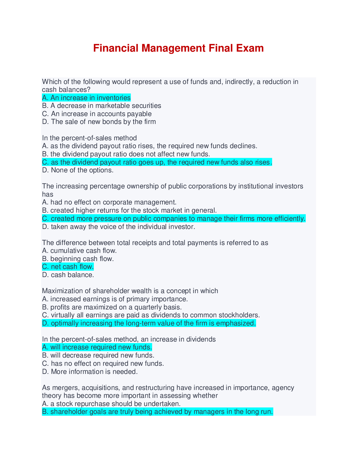 Financial Management Final Exam - 185 Questions & Answers - Scholarfriends