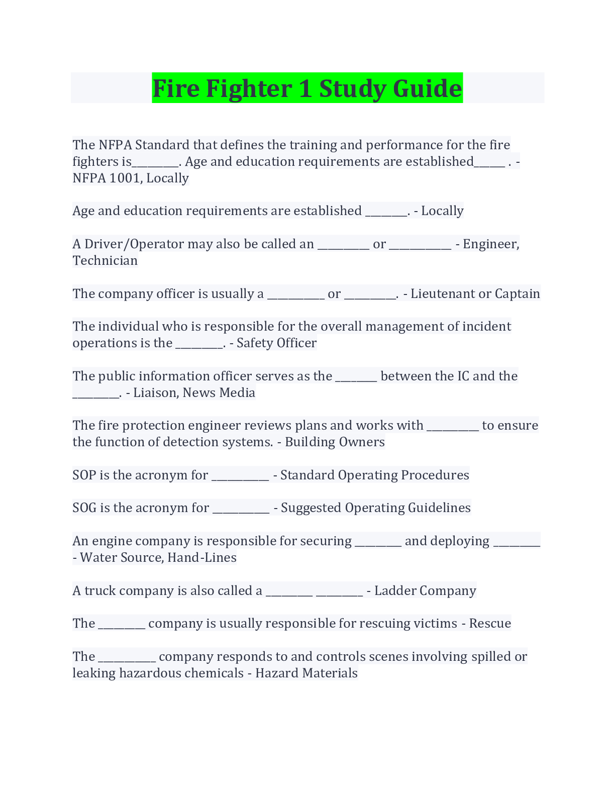 Fire Fighter 1 Study Guide 2021/2022 Questions And Answers( Complete ...