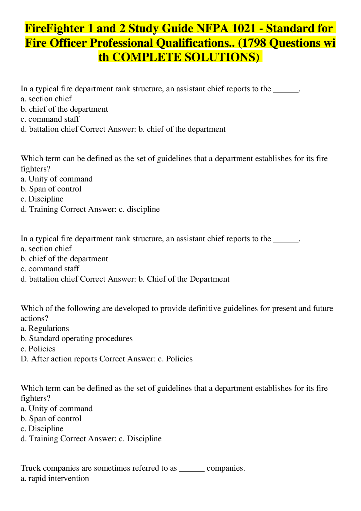 FireFighter 1 and 2 Study Guide NFPA 1021 - Standard for Fire Officer ...