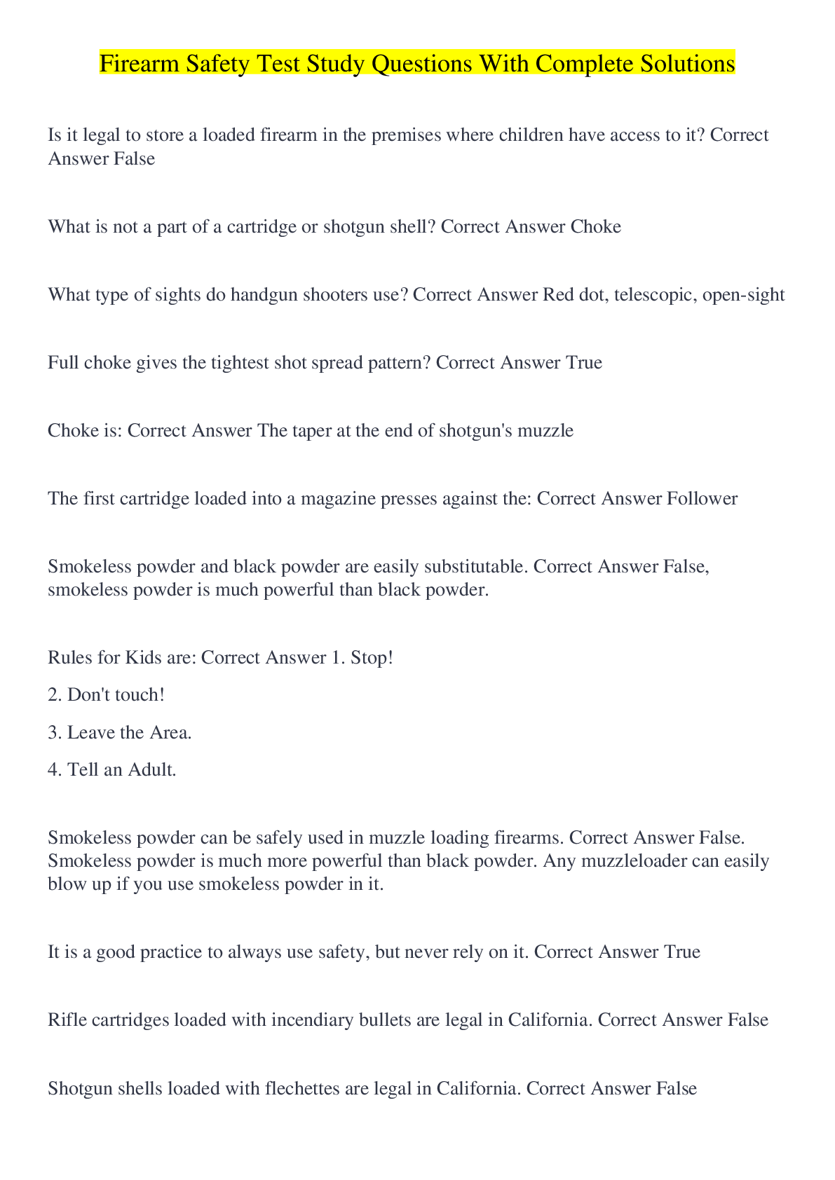 Firearm Safety Test Study Questions With Complete Solutions ...