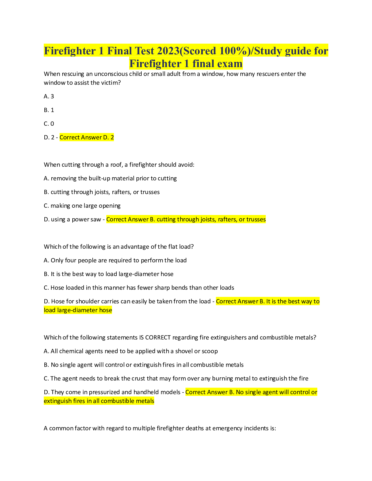 Firefighter 1 Final Test 2023(Scored 100%)/Study guide for Firefighter ...