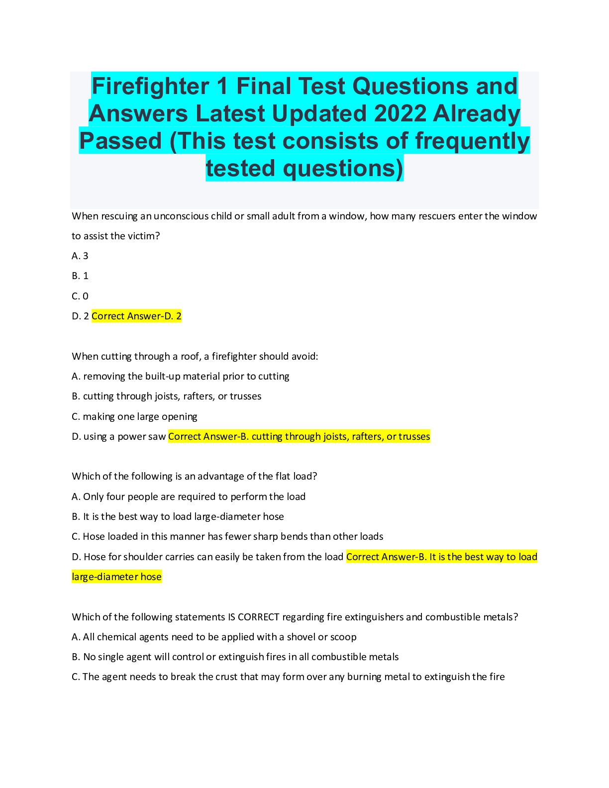 Firefighter 1 Final Test Questions and Answers Latest Updated 2022 ...