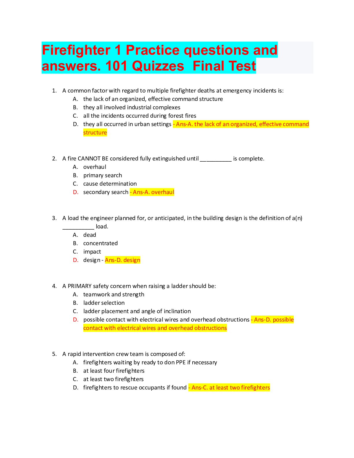 Firefighter 1 Practice questions and answers. 101 Quizzes Final Test ...