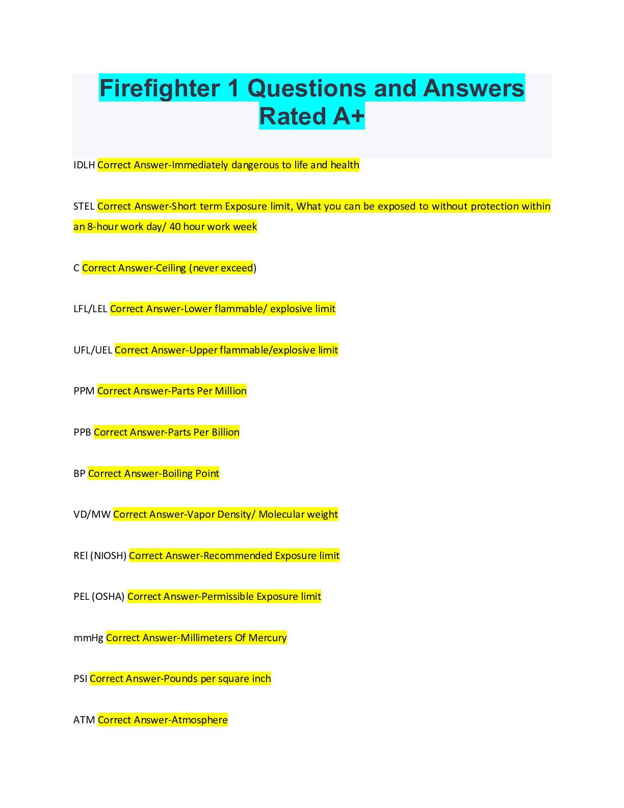 Firefighter 1 Questions and Answers Rated A+ - Scholarfriends