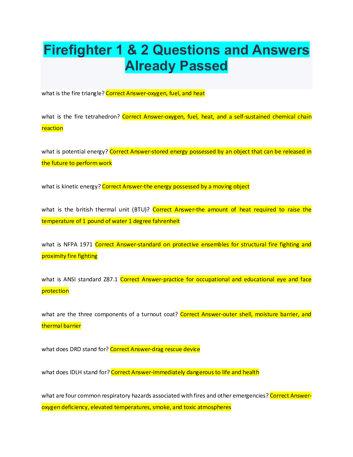 Firefighter 1 & 2 Questions and Answers Already Passed - Scholarfriends