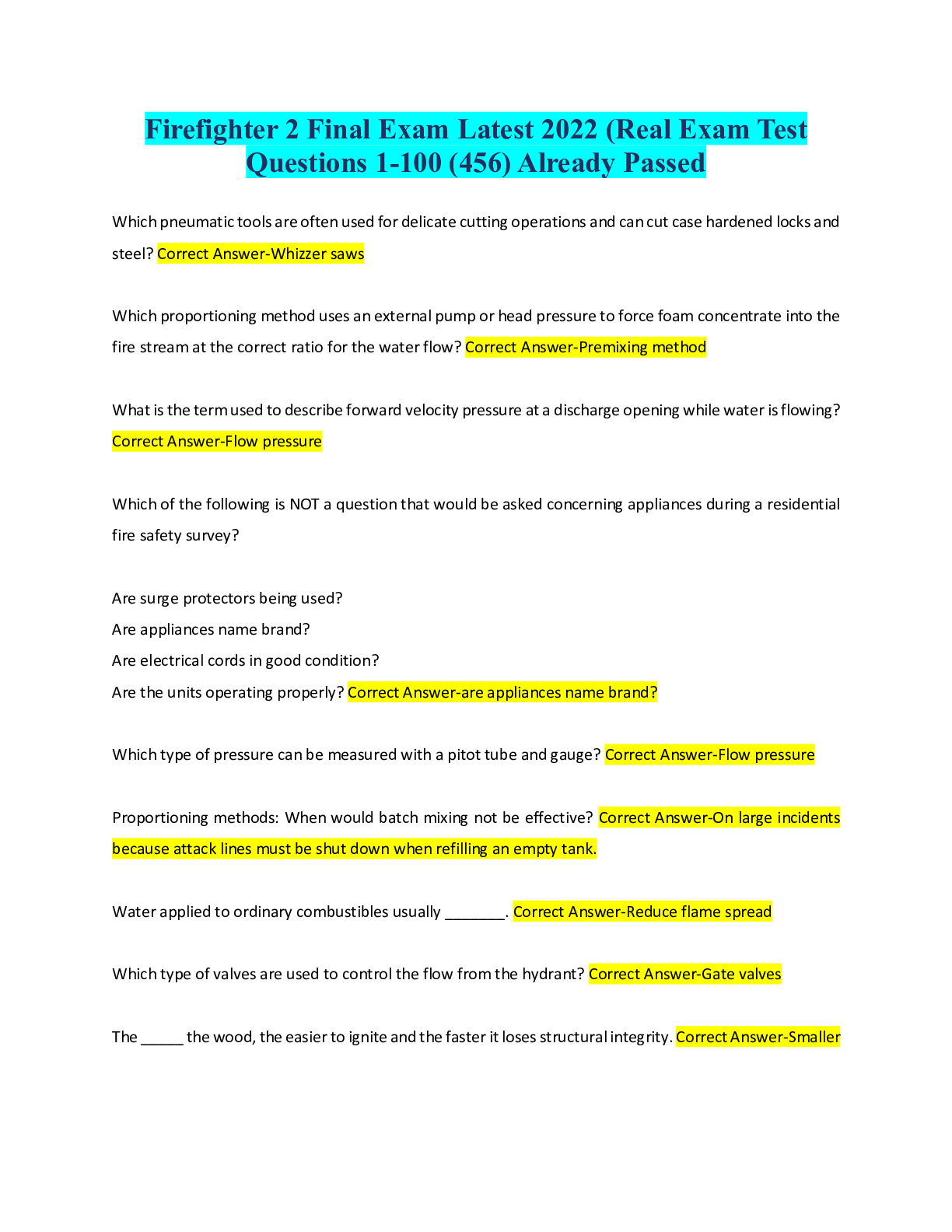 Firefighter 2 Final Exam Latest 2022 (Real Exam Test Questions 1-100 ...