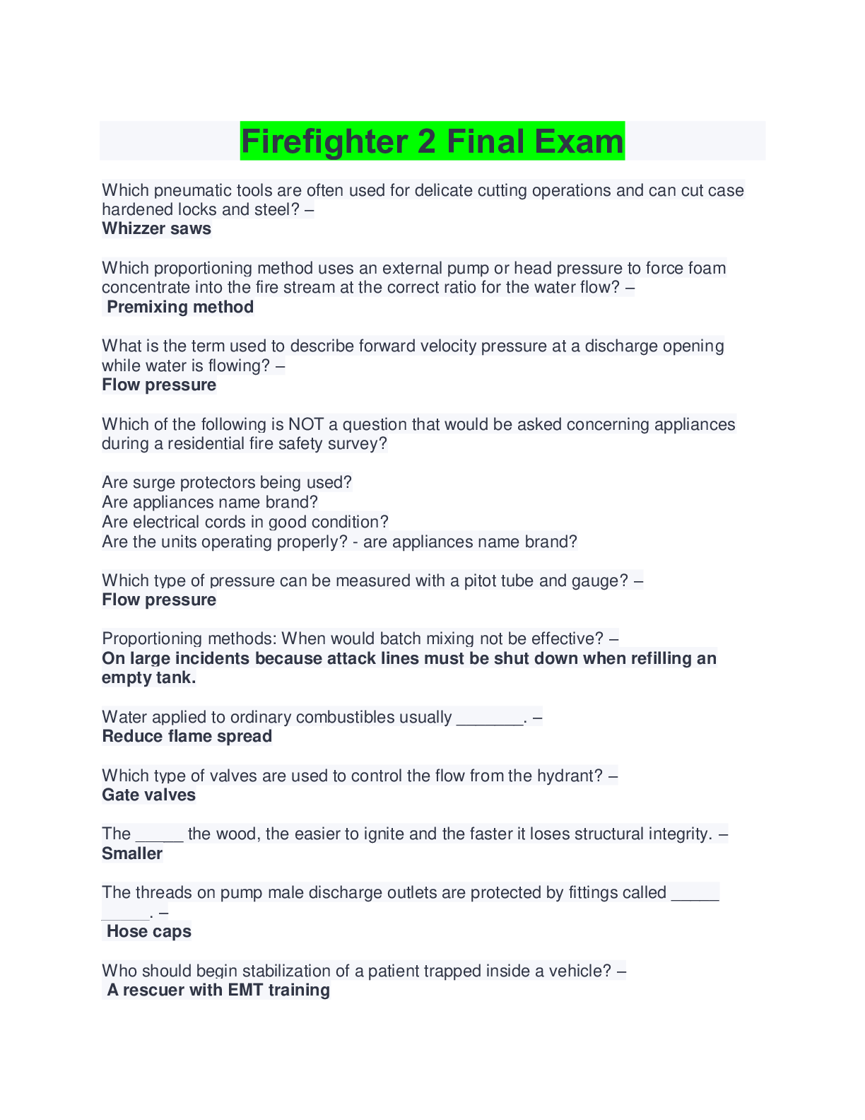 Firefighter 2 Final Exam Questions And Answers 2022 - Scholarfriends