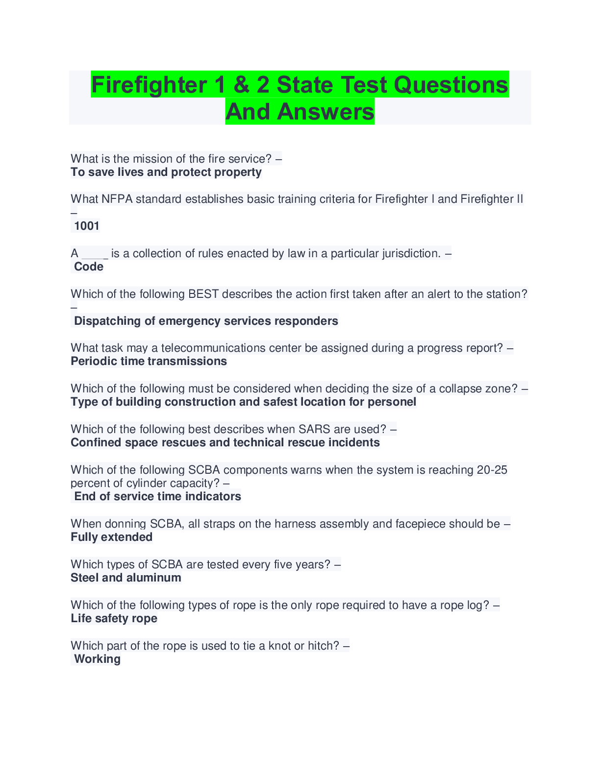 Firefighter 1 & 2 State Test Questions And Answers( Complete best ...