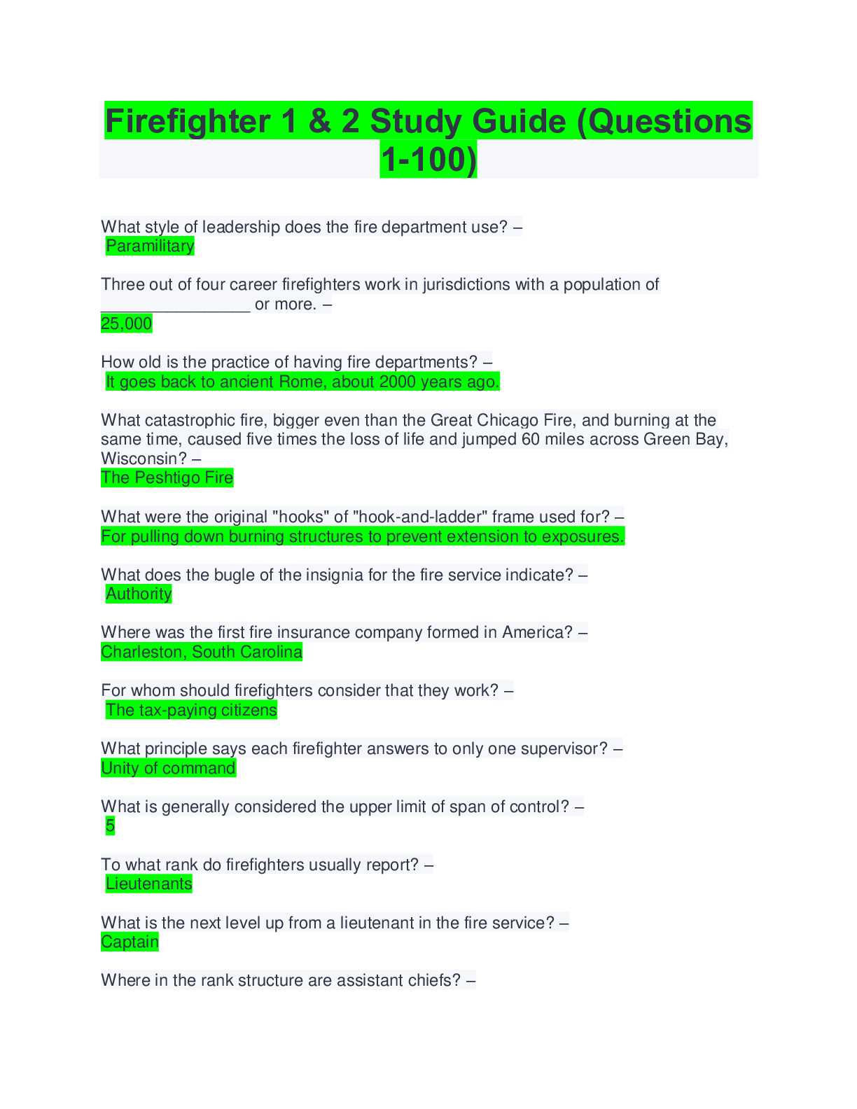 Firefighter 1 & 2 Study Guide (Questions 1-100)_Complete Solution Rated ...