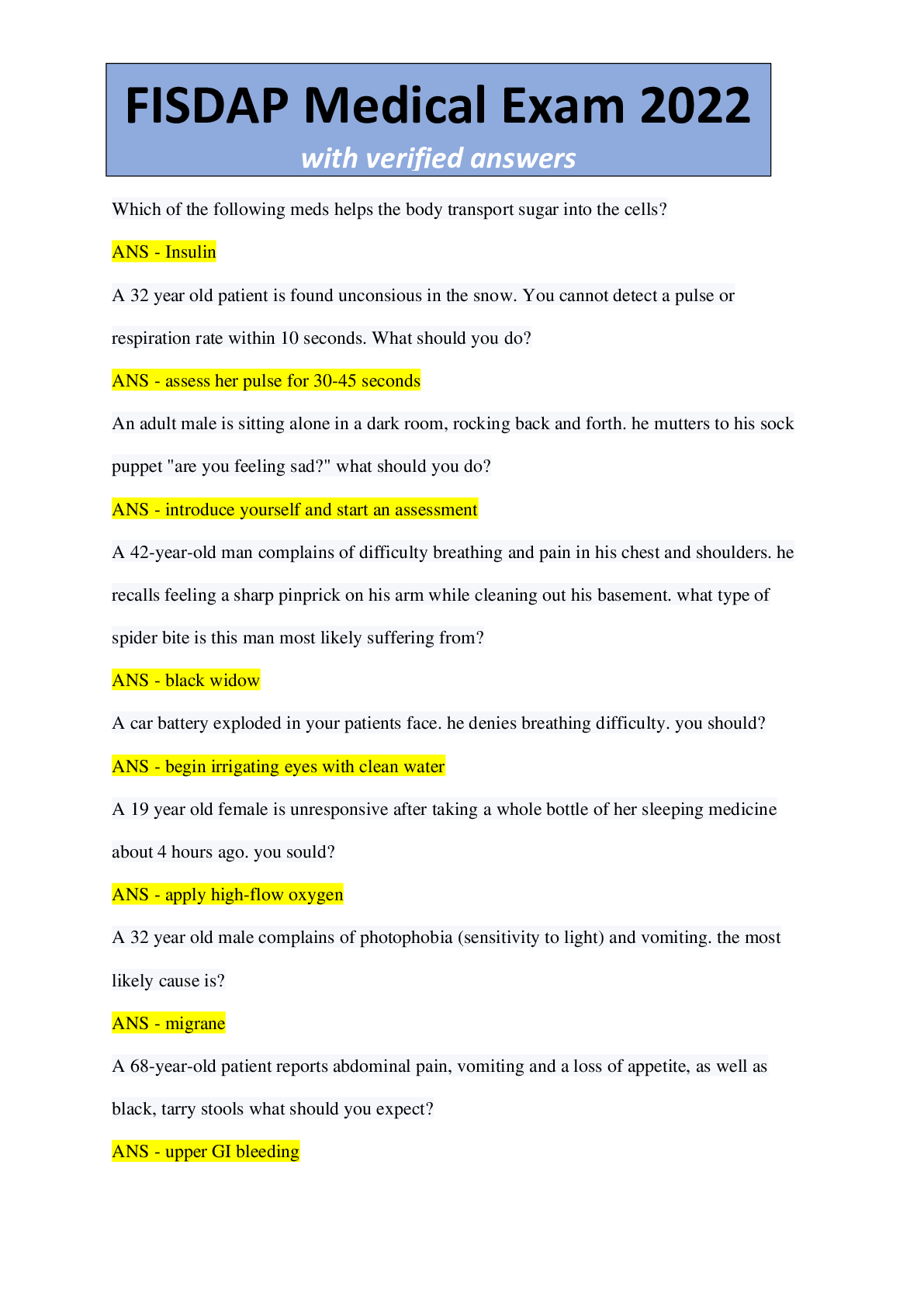 FISDAP Medical Exam 2022 with verified answers - Scholarfriends