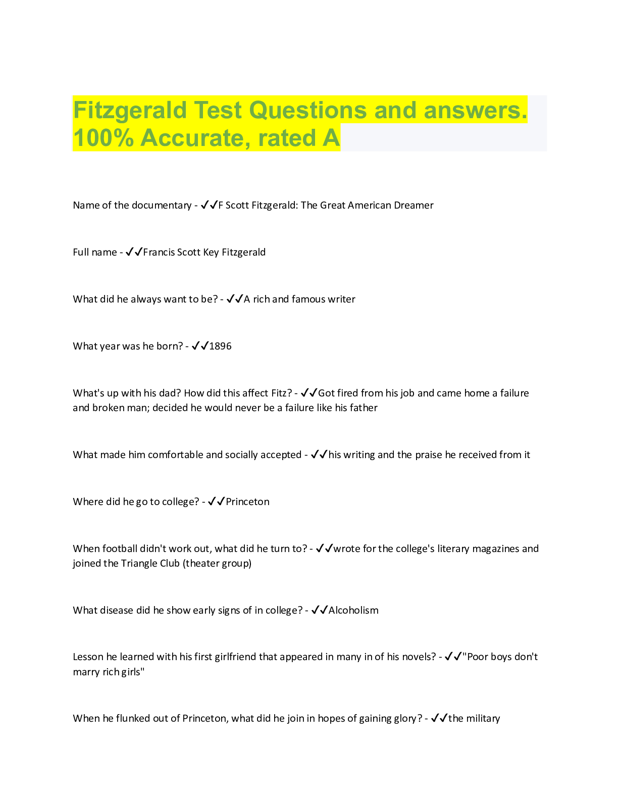 Fitzgerald Test Questions and answers. 100% Accurate, rated A ...