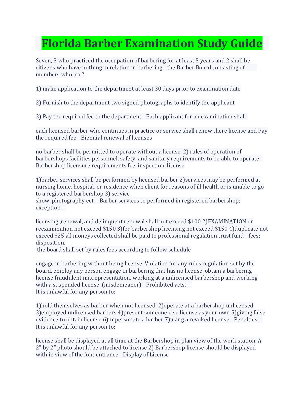 Florida Barber Examination Study Guide With Complete Solution/ Download ...