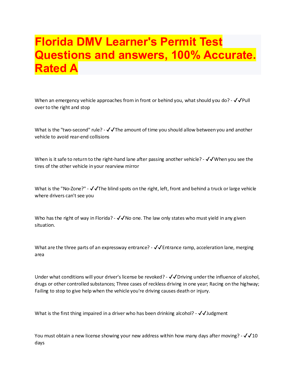 Florida DMV Learner's Permit Test Questions and answers, 100% Accurate ...