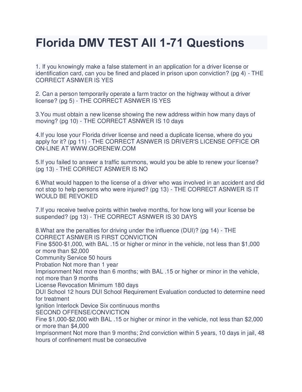 Florida-DMV-TEST. Contains 71 Questions and Answers 2022/2023 ...