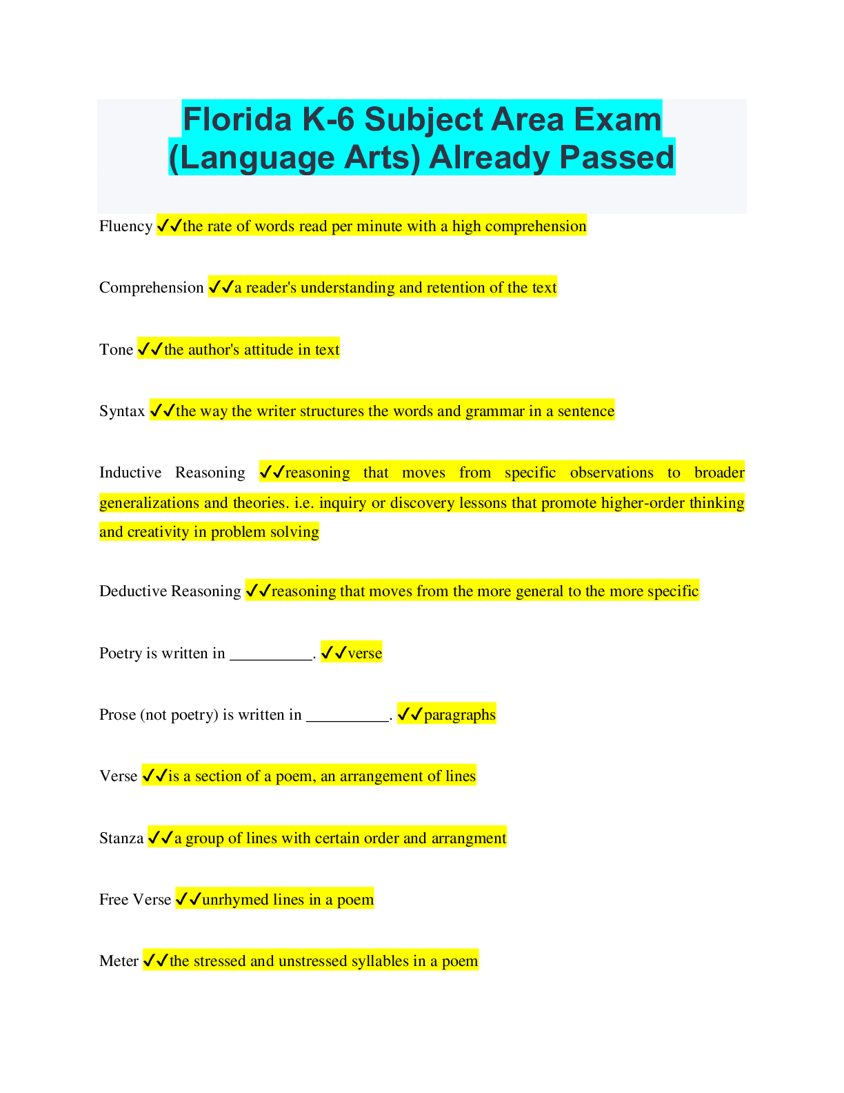 Florida K-6 Subject Area Exam (Language Arts) Already Passed ...