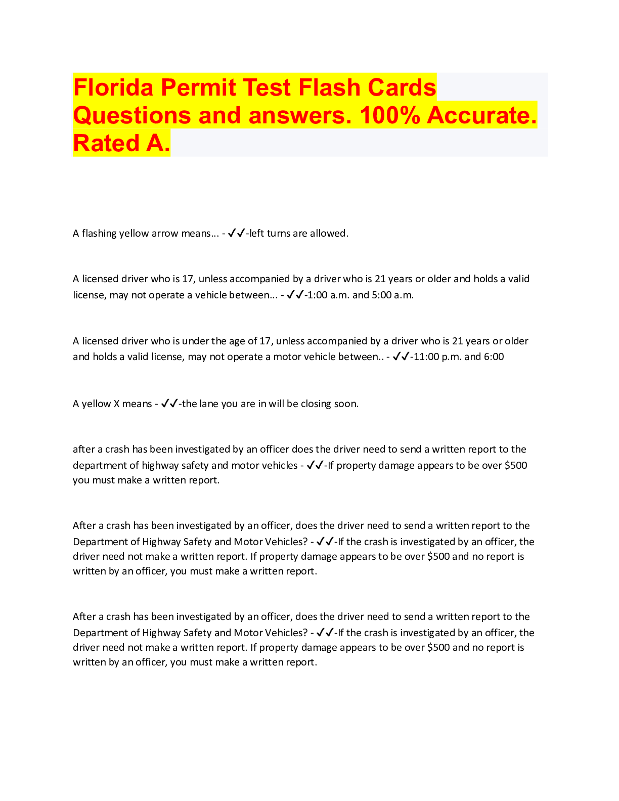 Florida Permit Test Flash Cards Questions and answers. 100% Accurate ...