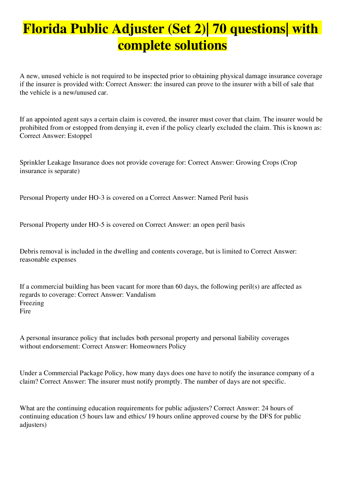 Florida Public Adjuster (Set 2)| 70 questions| with complete solutions ...