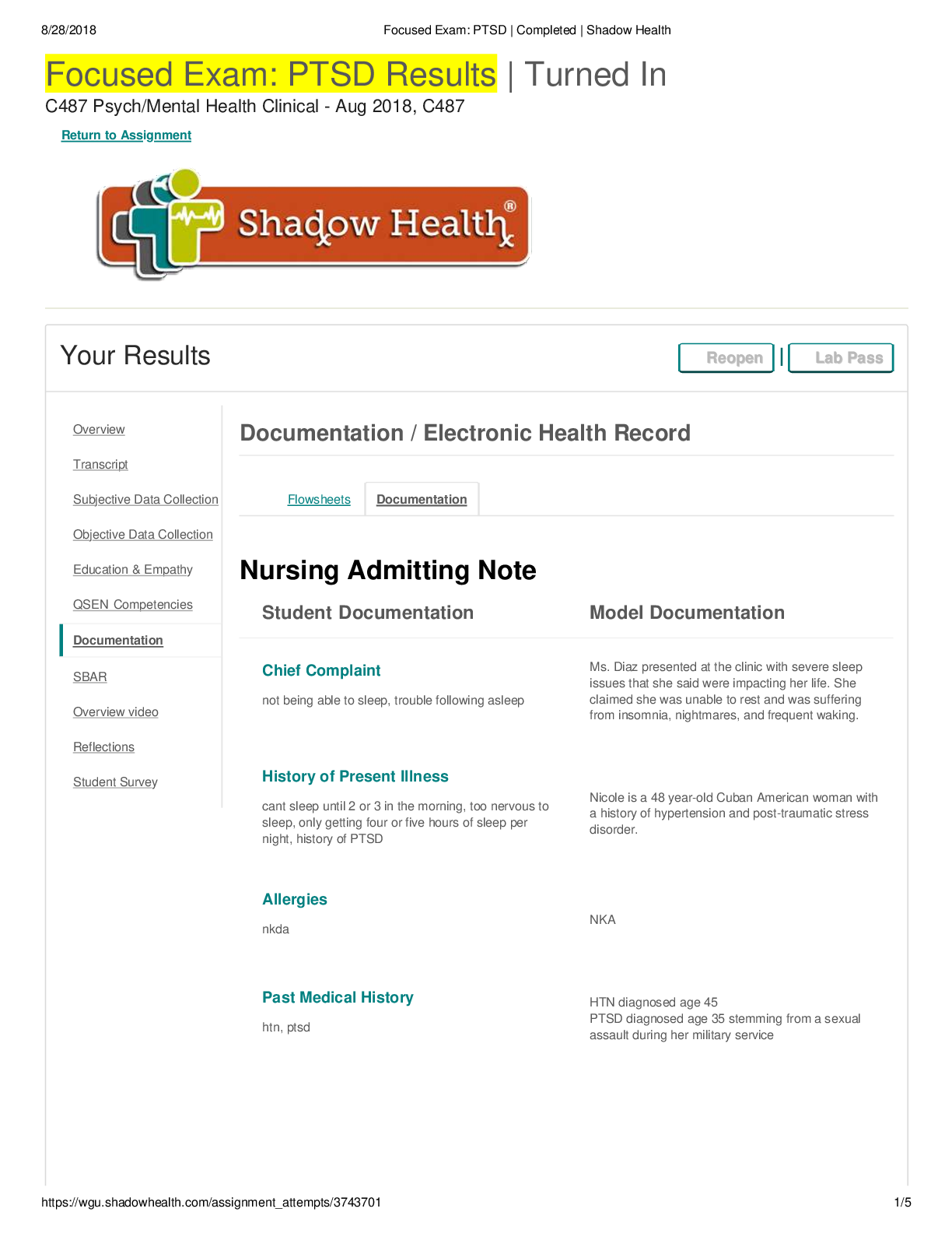 Shadow Health Focused Exam: PTSD (Documentation/Electronic Health Re ...