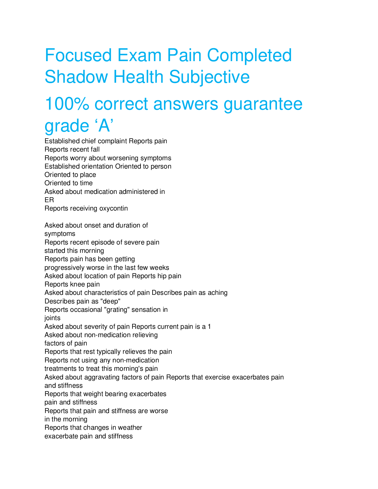 Focused Exam Pain Completed Shadow Health Subjective 100% correct ...