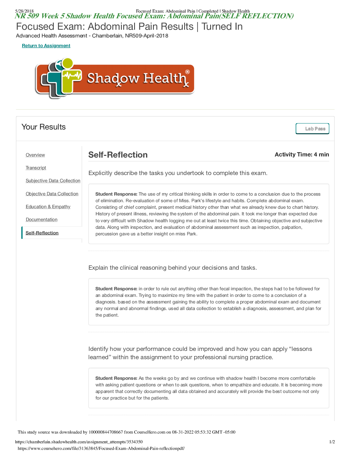 NR-509 Week 5 Shadow Health Gastrointestinal Assessment (Tina Jones ...