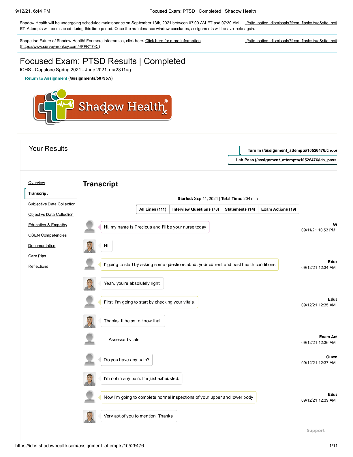 Focused Exam PTSD Completed Shadow Health - Nicole Diaz - Transcript ...