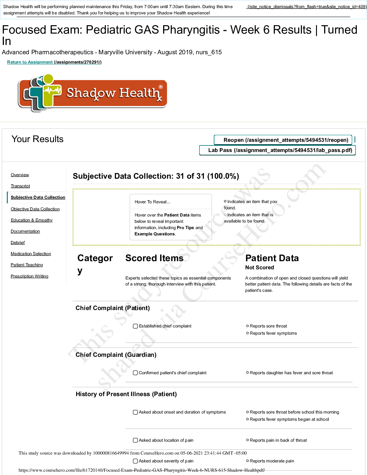 Focused Exam_ Pediatric GAS Pharyngitis - Week 6 NURS 615 Shadow Health ...