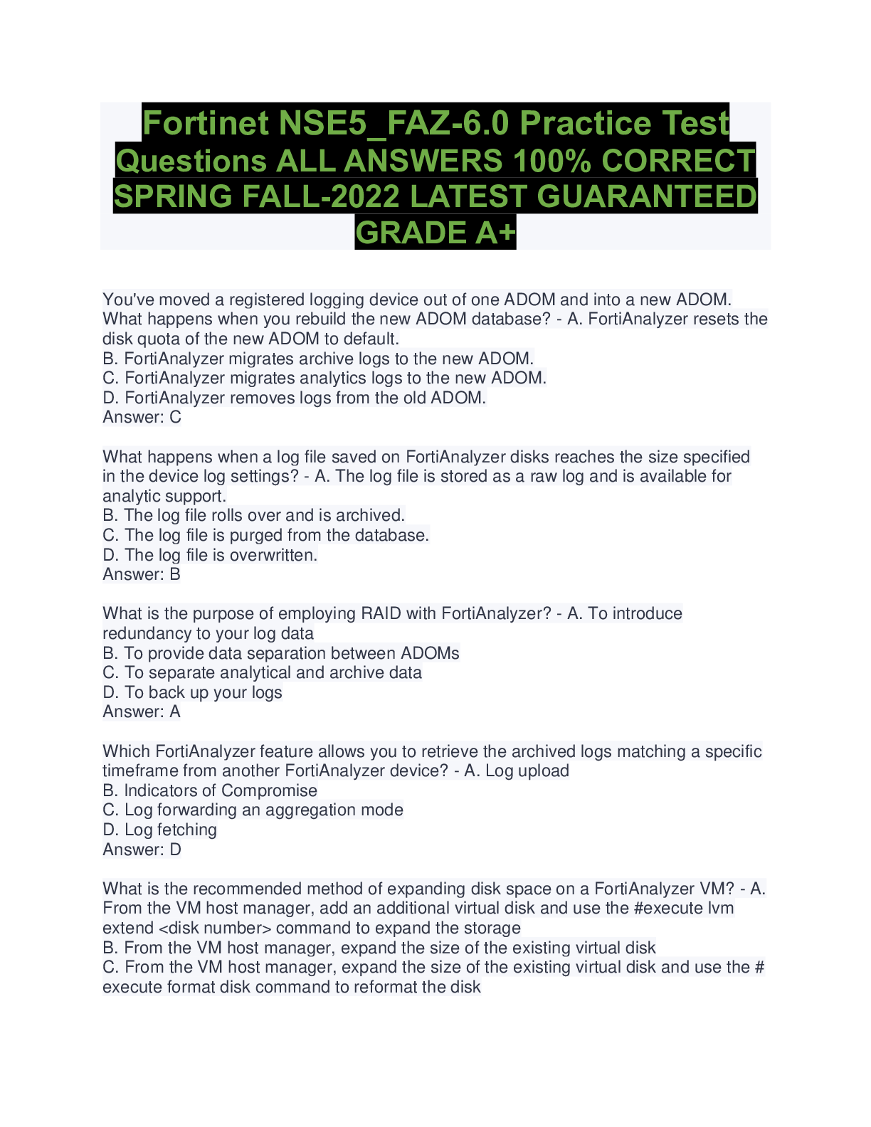 Fortinet NSE5_FAZ-6.0 Practice Test Questions ALL ANSWERS 100% CORRECT ...