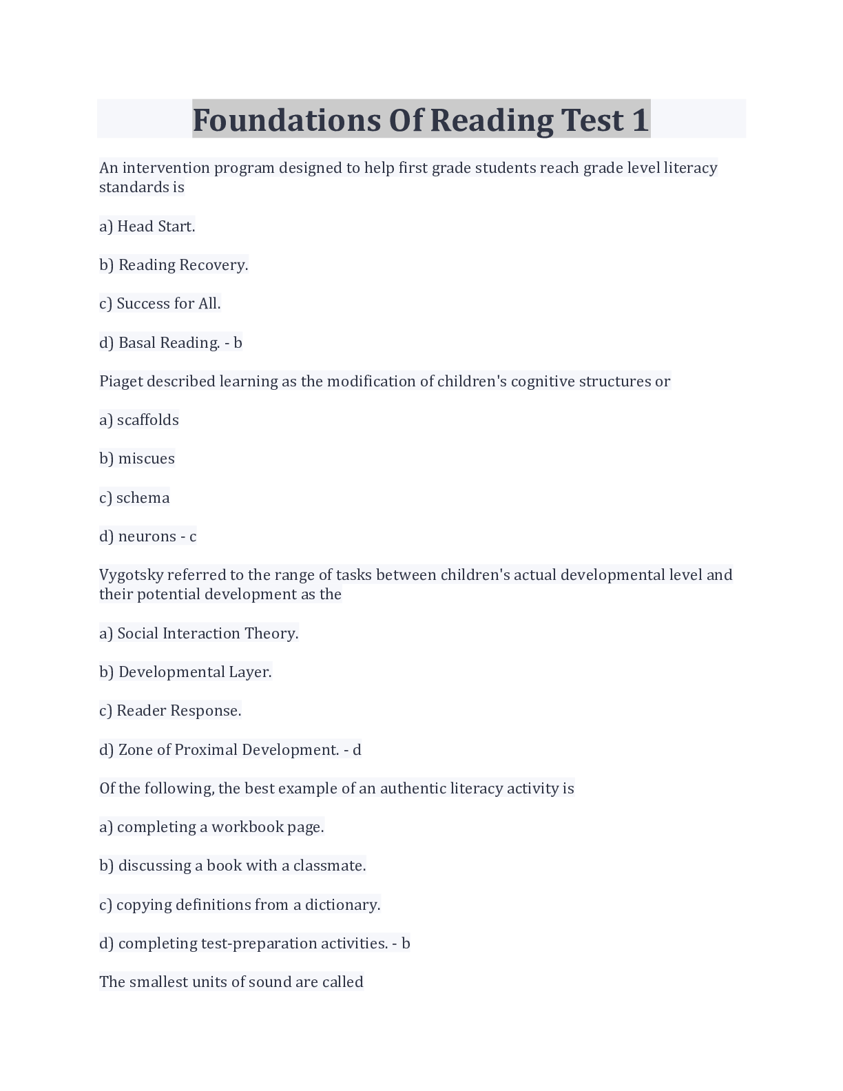 Foundations Of Reading Test 1 Questions And Answers - Scholarfriends